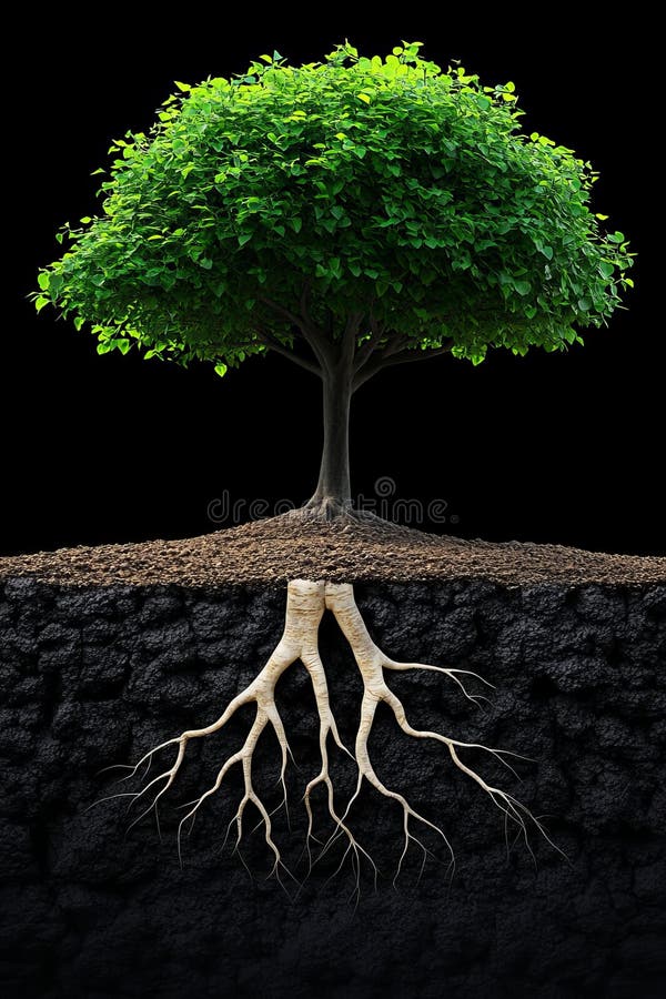 Single Green Tree with Digital Neuron Roots Isolated on a Dark ...