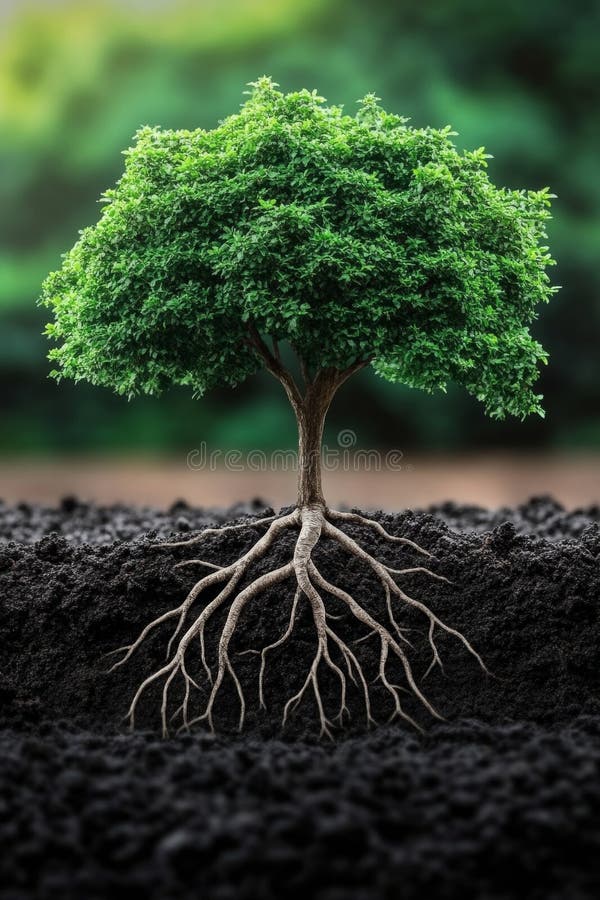 Single Green Tree with Exposed Intertwined Roots in Rich Dark Soil ...