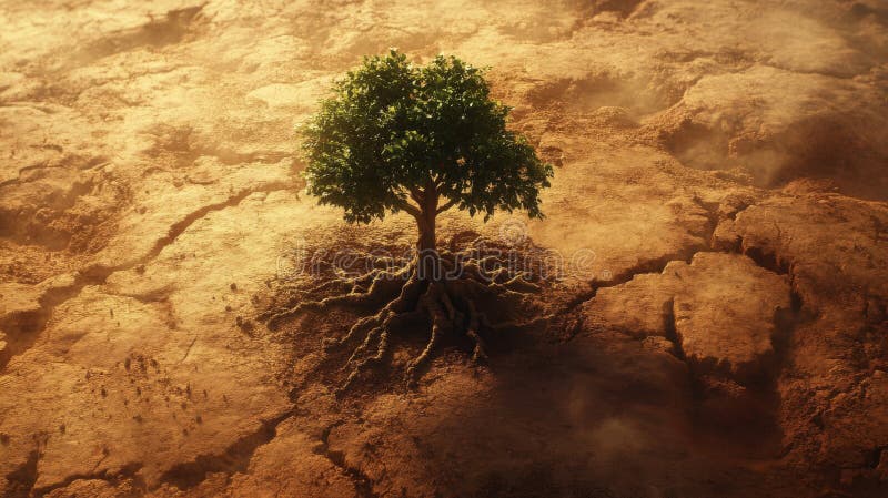 Single Green Tree with Exposed Roots in Dry Cracked Desert Soil Stock ...