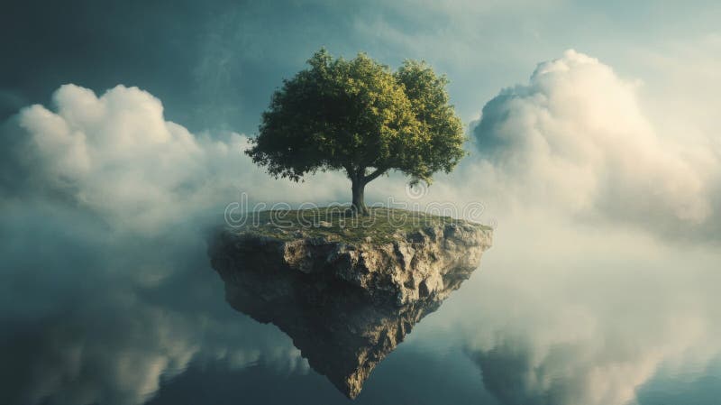 Single Green Tree on a Floating Rock Island Above Clouds Stock ...