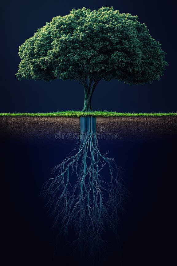 Single Green Tree with Glowing Blue Roots, Conceptual Image of Neural ...