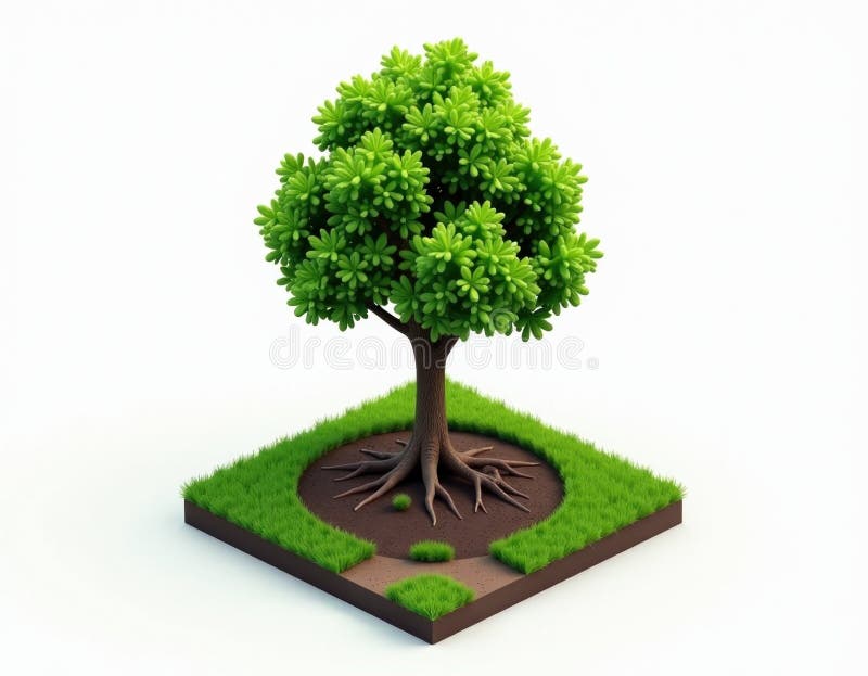 Single Green Tree on Square Patch of Grass Stock Illustration ...