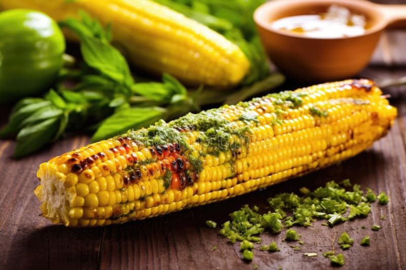 Single Grilled Corn on the Cob Placed Alongside Herbs Stock Photo ...