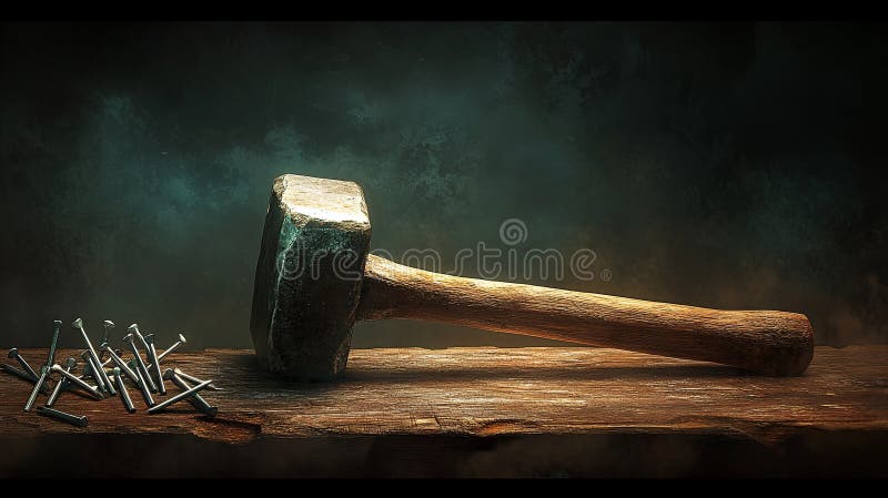 A Single Hammer Resting beside Nails and a Clean Wooden Plank. Digital ...