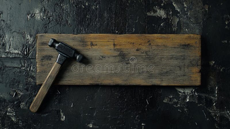 A Single Hammer Resting beside Nails and a Clean Wooden Plank. Digital ...
