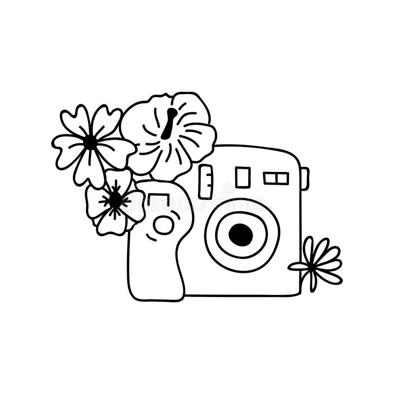 Single Hand Drawn Camera Decorated with Flowers and Leaves. Vector ...