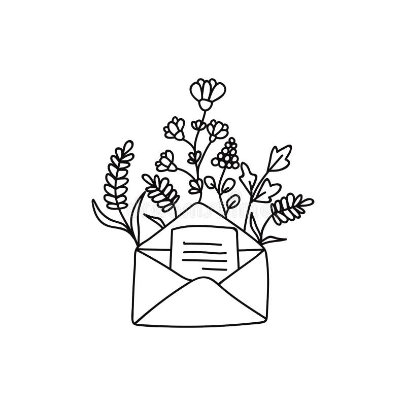 Single Hand Drawn Envelope with a Leaf Decorated with Flowers and ...