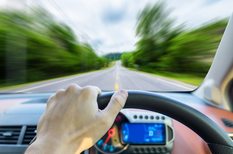 Single Hand Holding Right Steering Wheel Driving on Motion Road Stock ...