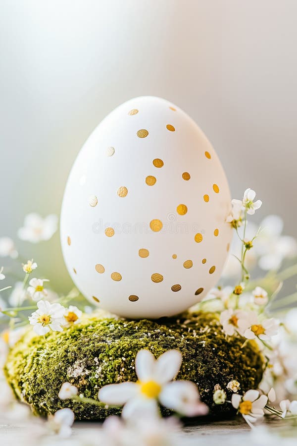 A Single Hand-painted Easter Egg with Gold Dots Rests Atop a Mossy ...