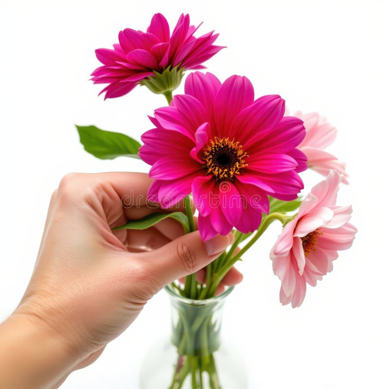 Single Hand Placing Flower into Vase, Both Items Isolated Against Pure ...