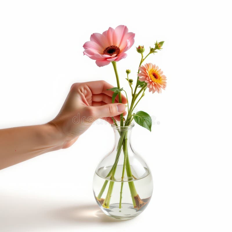 Single Hand Placing Flower into Vase, Both Items Isolated Against Pure ...