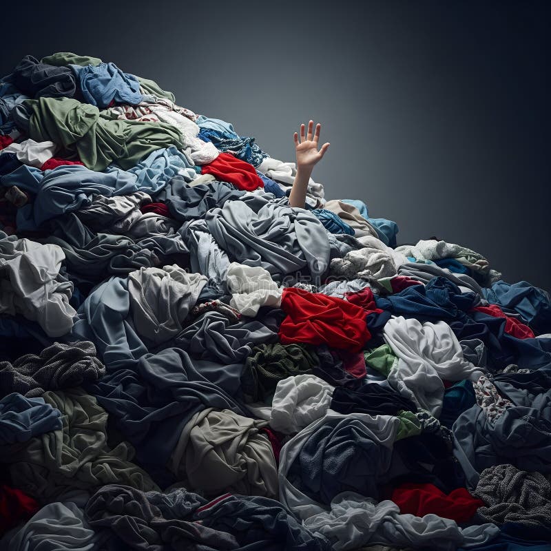 A Single Hand Reaches Out from a Massive, Overwhelming Pile of Clothes ...