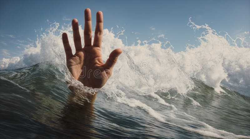 A Single Hand Reaching Out of Stormy Sea for Help Stock Illustration ...