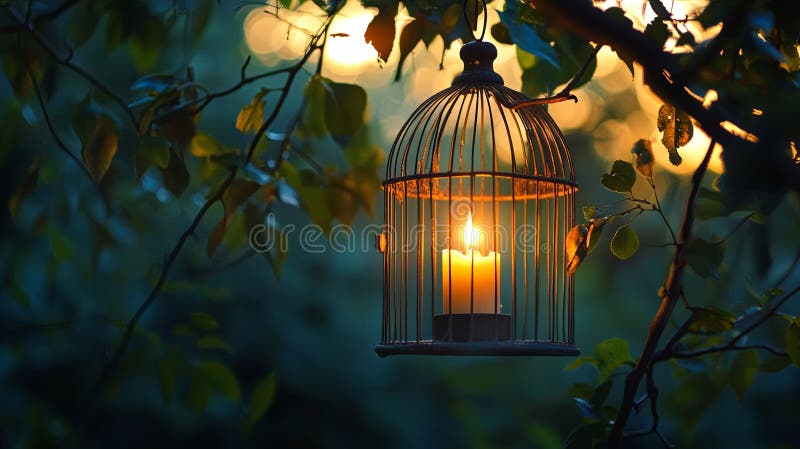 A Single Hanging Birdcage Styled with a Small Candle Inside. Background ...