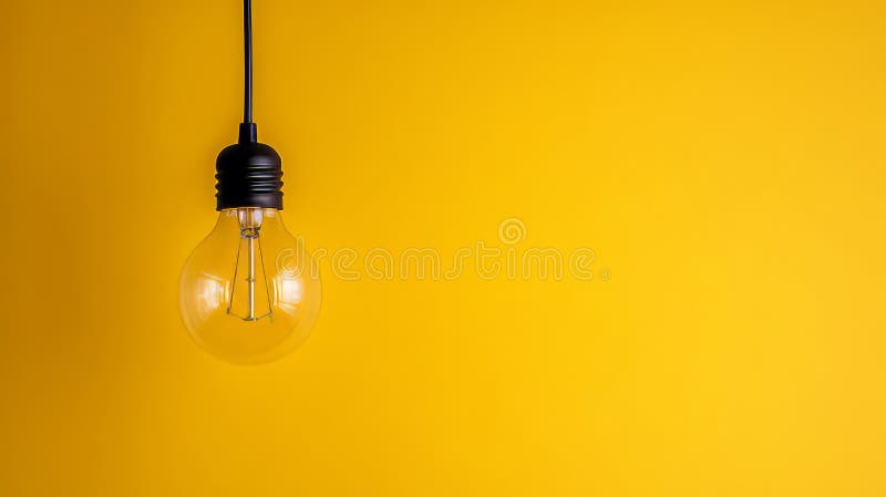 Single Hanging Light Bulb Against a Bright Yellow Background Creating a ...