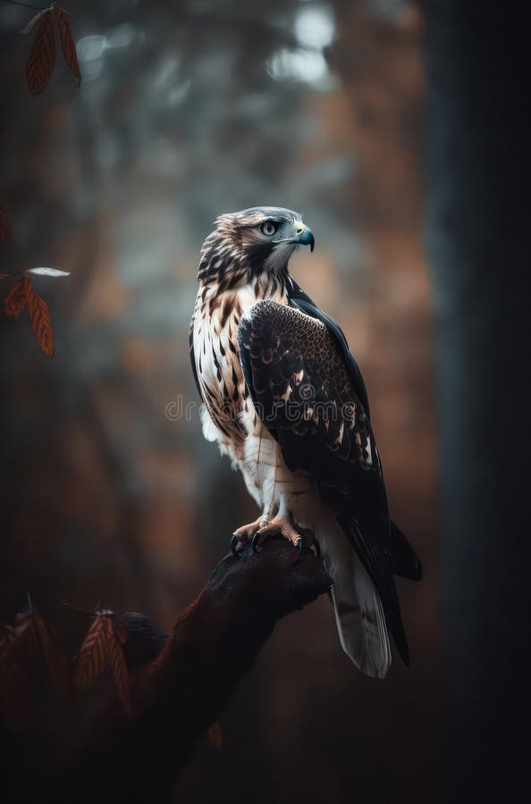 Single Hawk Sits on the Tree Branch in the Forest. Stock Illustration ...