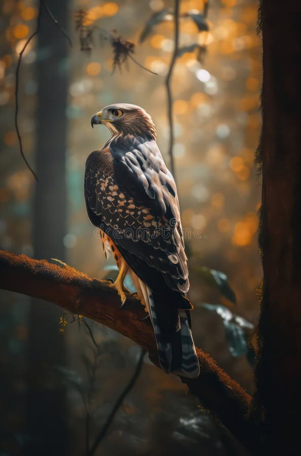 Single Hawk Sits on the Tree Branch in the Forest. Stock Illustration ...