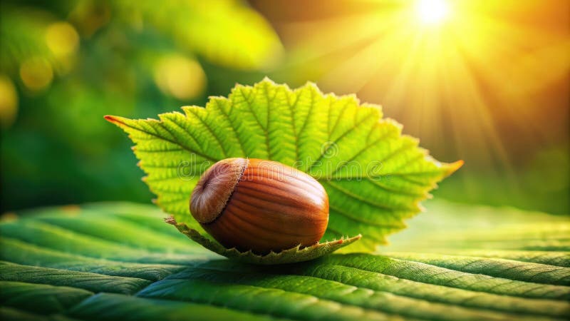 A Single Hazelnut Resting on Vibrant Green Leaves Bathed in Sunlight ...