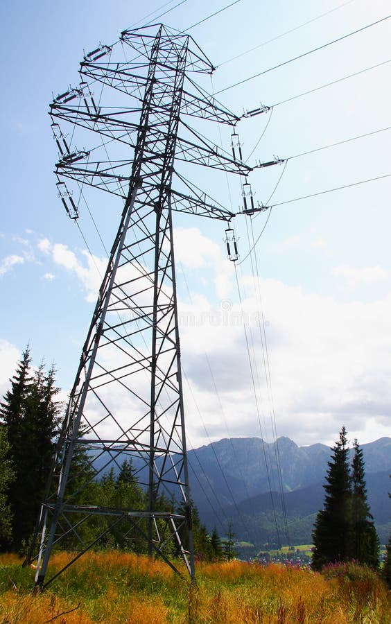 Single High Tense Pylon in Mountains Stock Photo - Image of wires ...