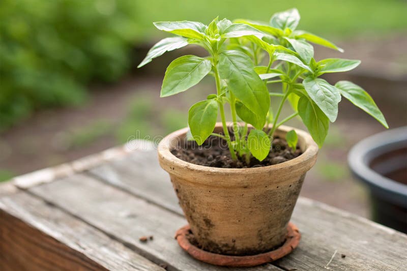 A Single Holy Basil Plant in a Small Clay Pot Stock Illustration ...