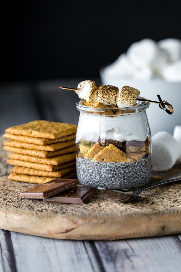 A Single Homemade Smores Chia Pudding beside a Stack of Graham Crackers ...