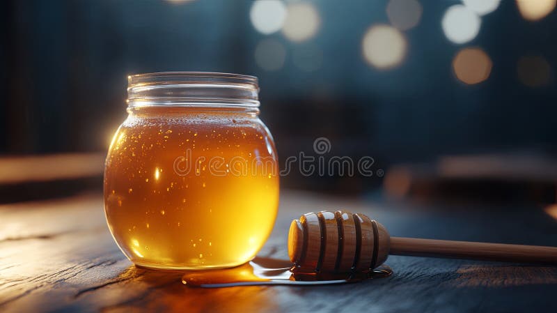 A Single Honey Jar Styled with Dripping Honey and a Wooden Dipper on ...