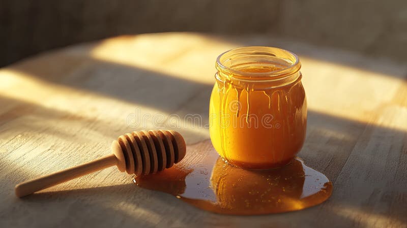 A Single Honey Jar Styled with Dripping Honey and a Wooden Dipper on ...