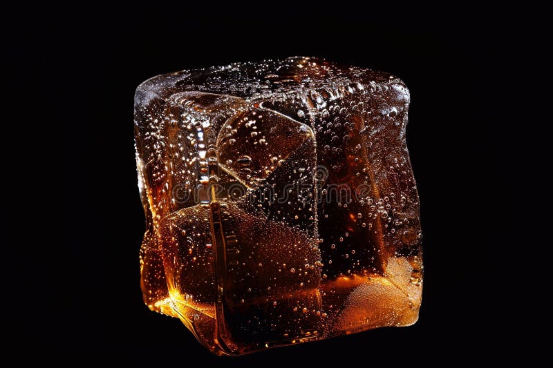 Single Ice Cube with Bubbles and Cola Soda Drink Inside on Black ...