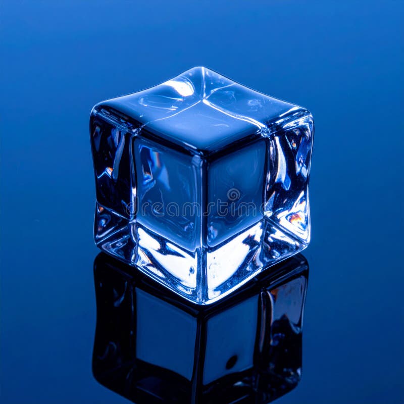 Single Ice Cube on Dark Blue Reflective Surface Stock Illustration ...