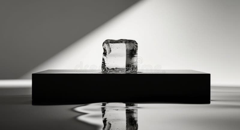 A Single Ice Cube Melting on a Black Podium, Dramatic Lighting and ...