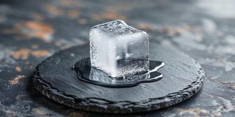 Single Ice Cube Melting on a Dark Textured Slate Coaster Close Up Stock ...