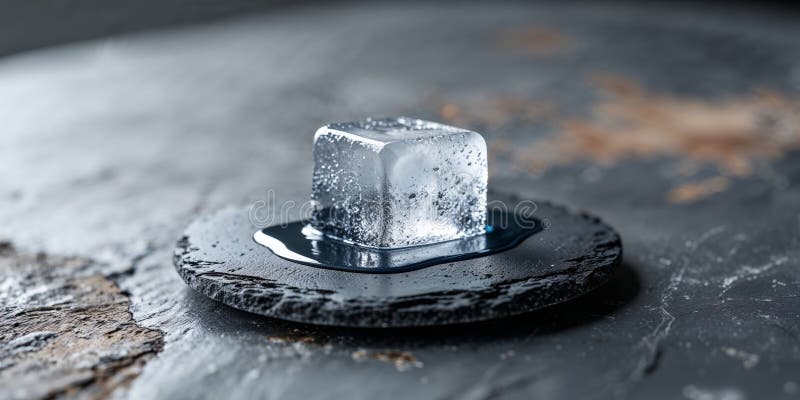 Single Ice Cube Melting on a Dark Textured Slate Coaster Close Up ...