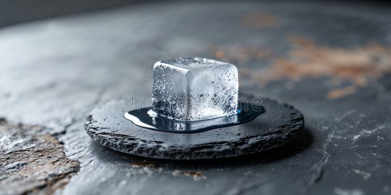 Single Ice Cube Melting on a Dark Textured Slate Coaster Close Up ...