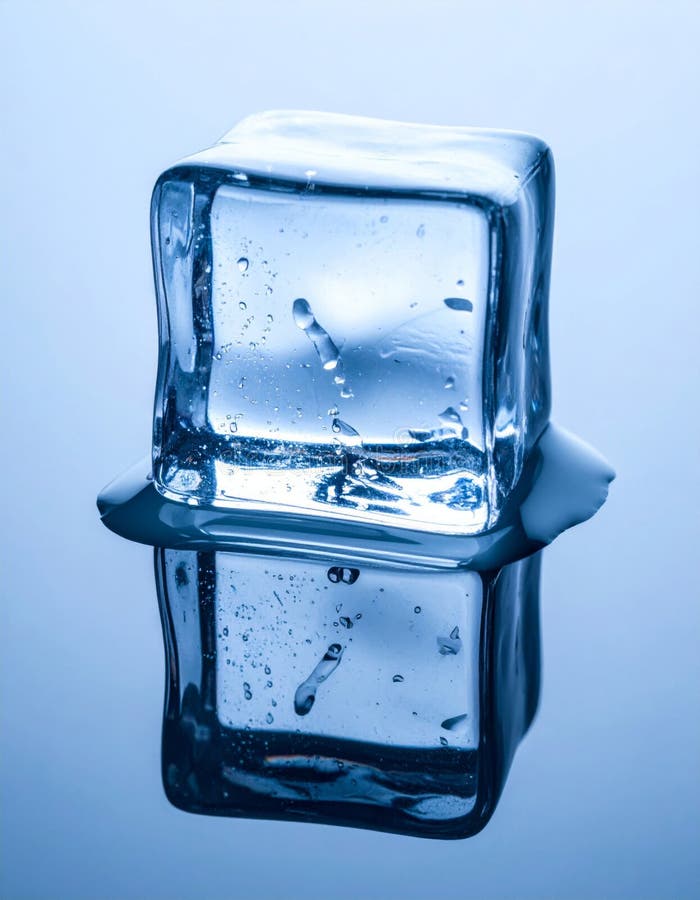 Single Ice Cube with Melting Water on Blue Reflective Surface in Studio ...
