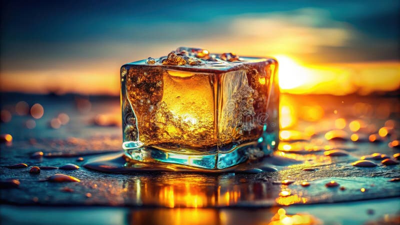 A Single Ice Cube Melts Slowly at Sunset, Reflecting the Warm Colors of ...