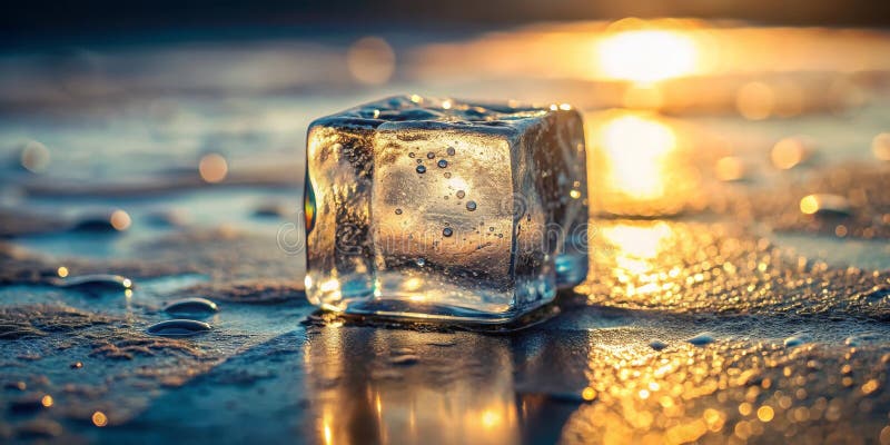 A Single Ice Cube Rests on a Glistening Surface at Sunset, Reflecting ...