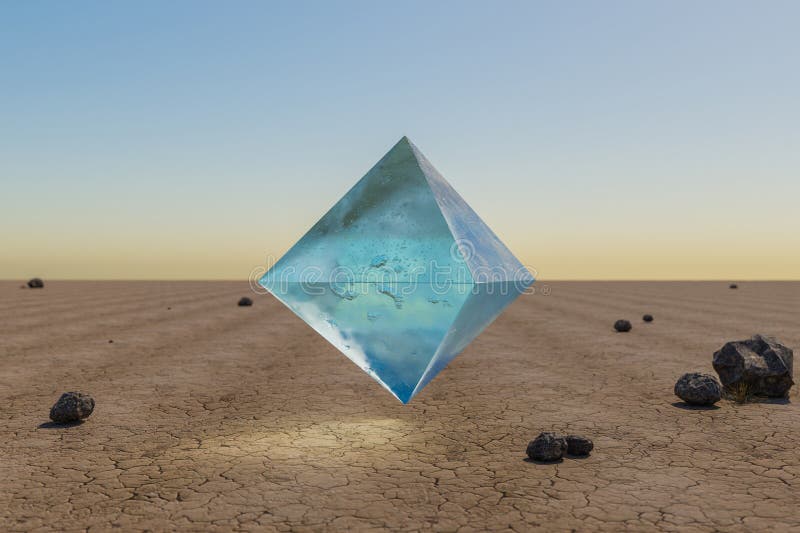 Single Ice Prism Pyramid Cube Hovering in the Air in Large Empty Desert ...