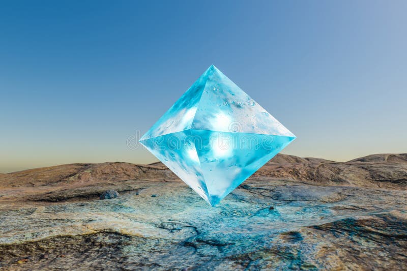 Single Ice Prism Pyramid Cube Hovering in the Air in Large Empty Desert ...