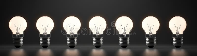 Single Illuminated Light Bulb Shines Brightly among a Row of Unlit ...