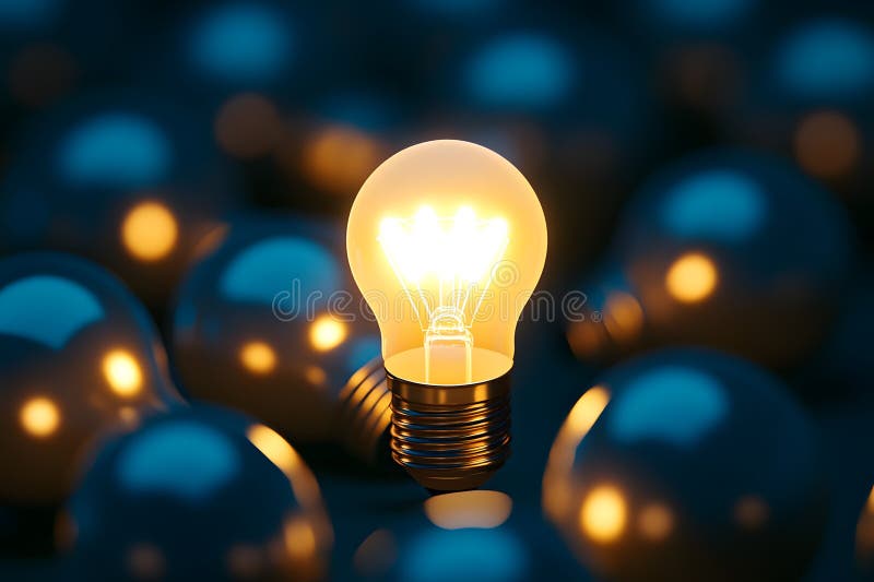 Single Illuminated Light Bulb Standing among Unlit Bulbs in Dark ...