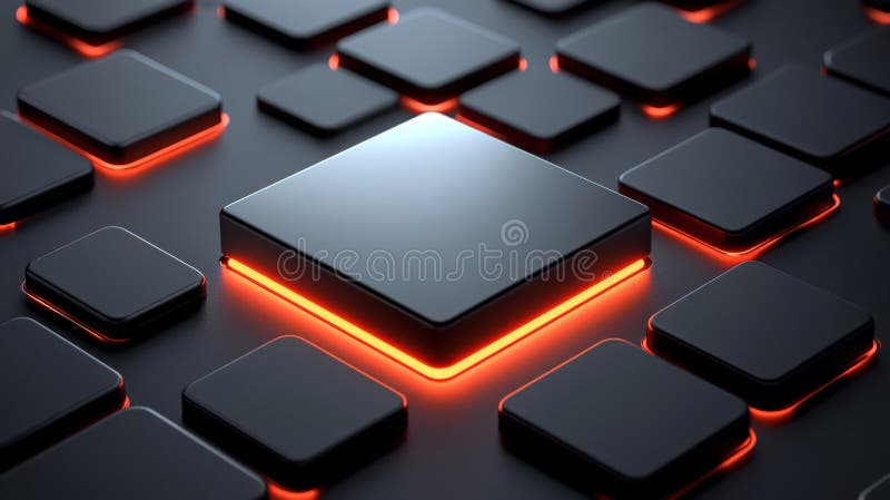 Single Illuminated Microchip on a Dark Grid, Glowing with Red and ...