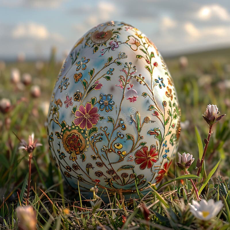 Single, Intricately Decorated Easter Egg on Bed of Spring Grass Stock ...