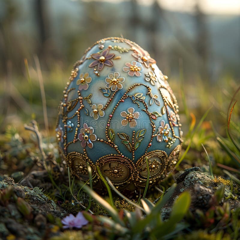 Single, Intricately Decorated Easter Egg on Bed of Spring Grass Stock ...
