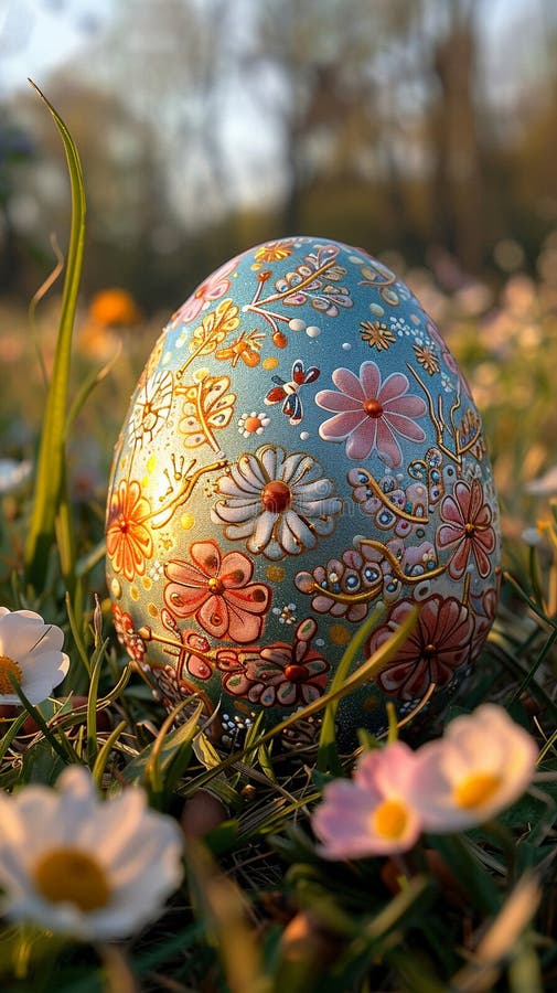 Single, Intricately Decorated Easter Egg on Bed of Spring Grass Stock ...