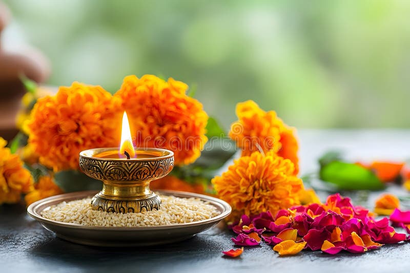 A Single, Intricately Designed Brass Diya in Pitru Paksha Festival ...