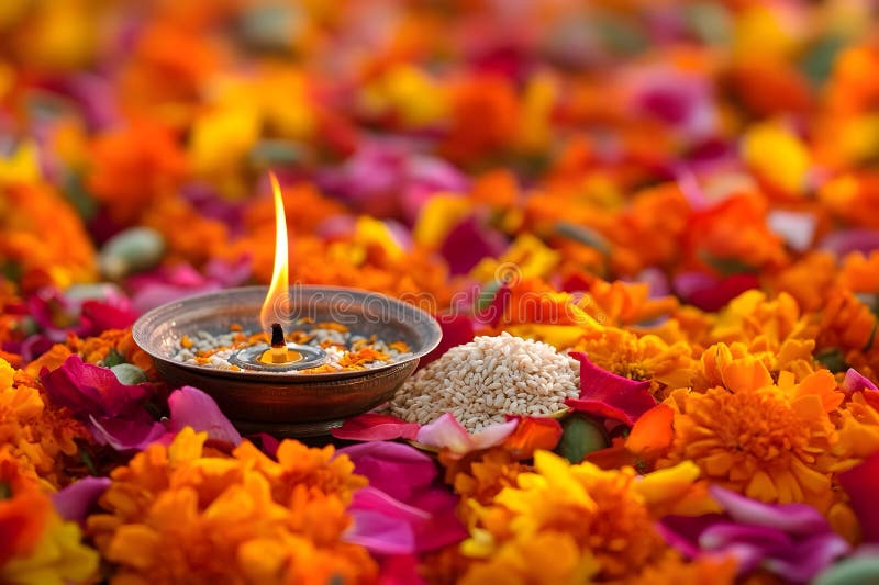 A Single, Intricately Designed Brass Diya in Pitru Paksha Festival ...