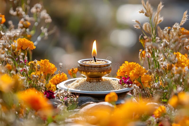 A Single, Intricately Designed Brass Diya in Pitru Paksha Festival ...