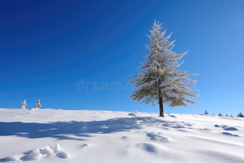 Single Isolated Pine Tree Topped with Snow Against Clear Blue Sky Stock ...