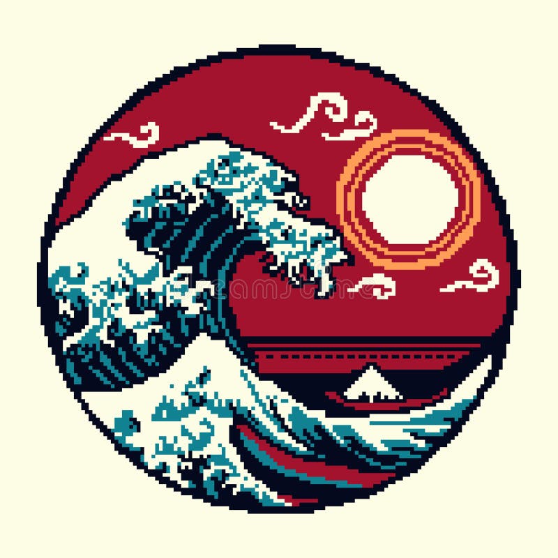 Pixelated the Great Wave with Sunset Illustration Vector Stock ...