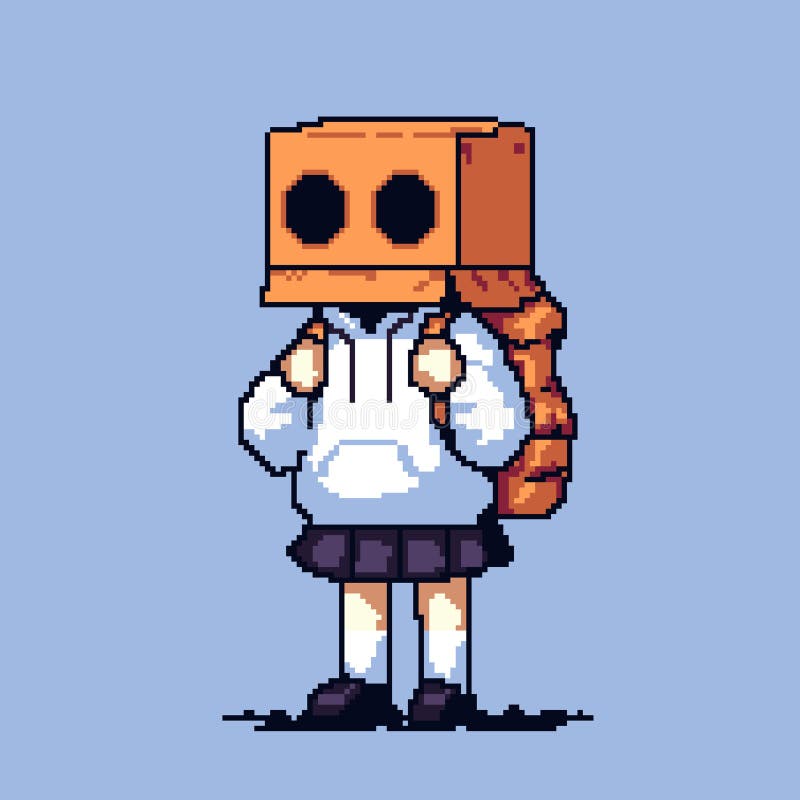 Cute Little Girl with Cardboard Box Head and School Uniform in Pixels ...